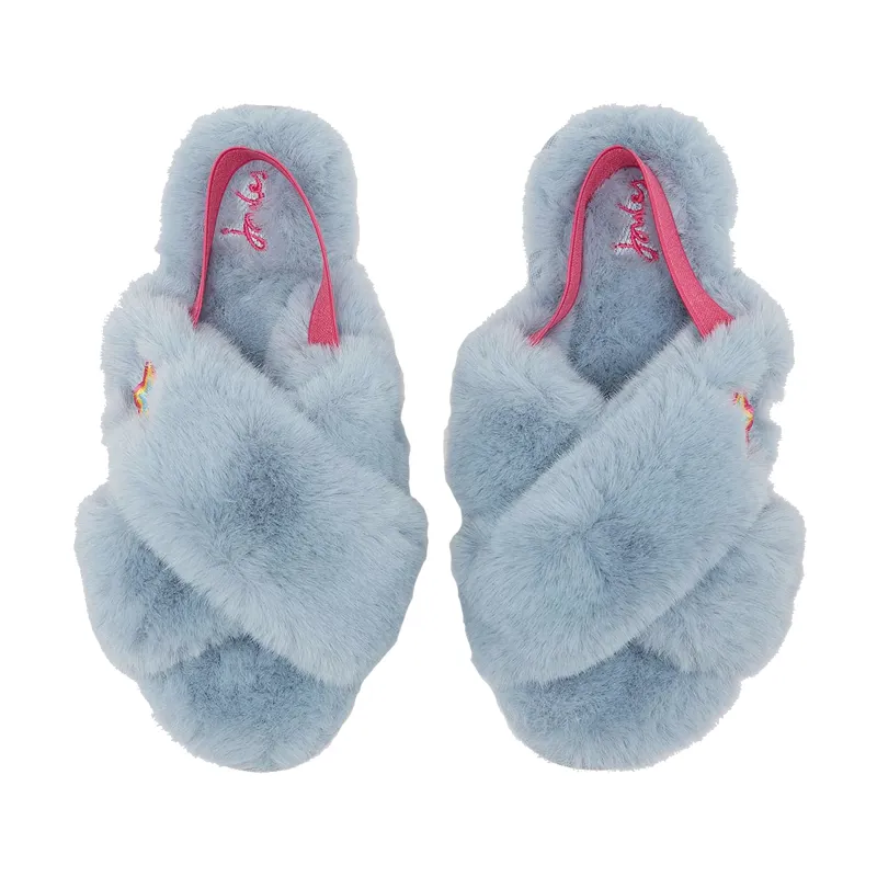 Joules Kora Faux Fur Cross Strap Slippers - Cornflower